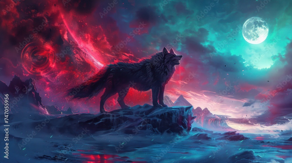 Fenrir breaking free under a blood moon, ancient runes glowing, eerie ...