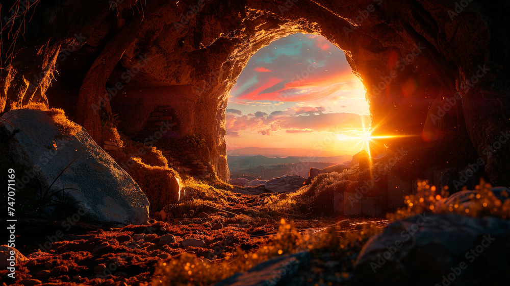 Resurrection Morning: The Empty Tomb of Christ at Sunrise, Symbolizing ...