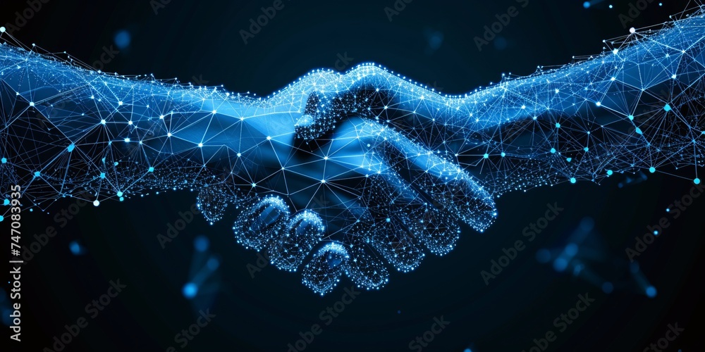 Business collaboration represented by a digital handshake between two ...