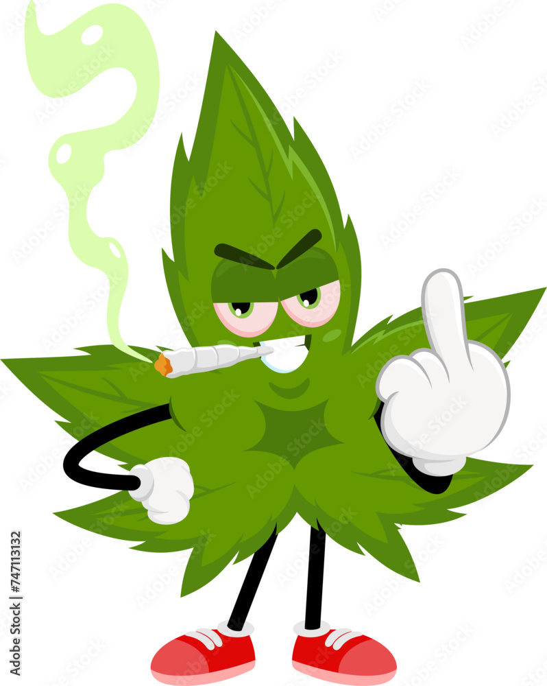 Angry Marijuana Leaf Cartoon Character With A Joint Showing Middle ...