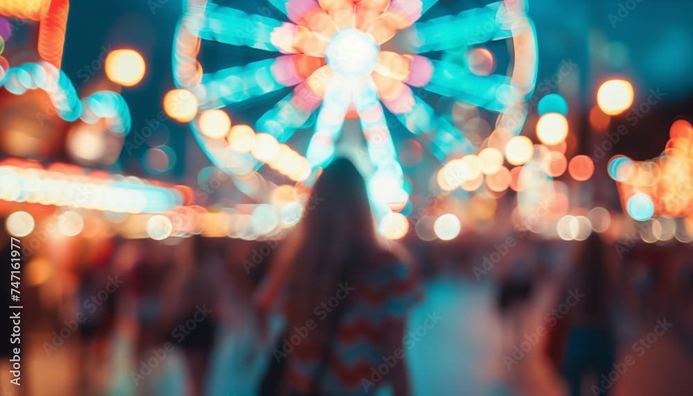 Amidst the chaos of a carnival, the blurred background of spinning ...