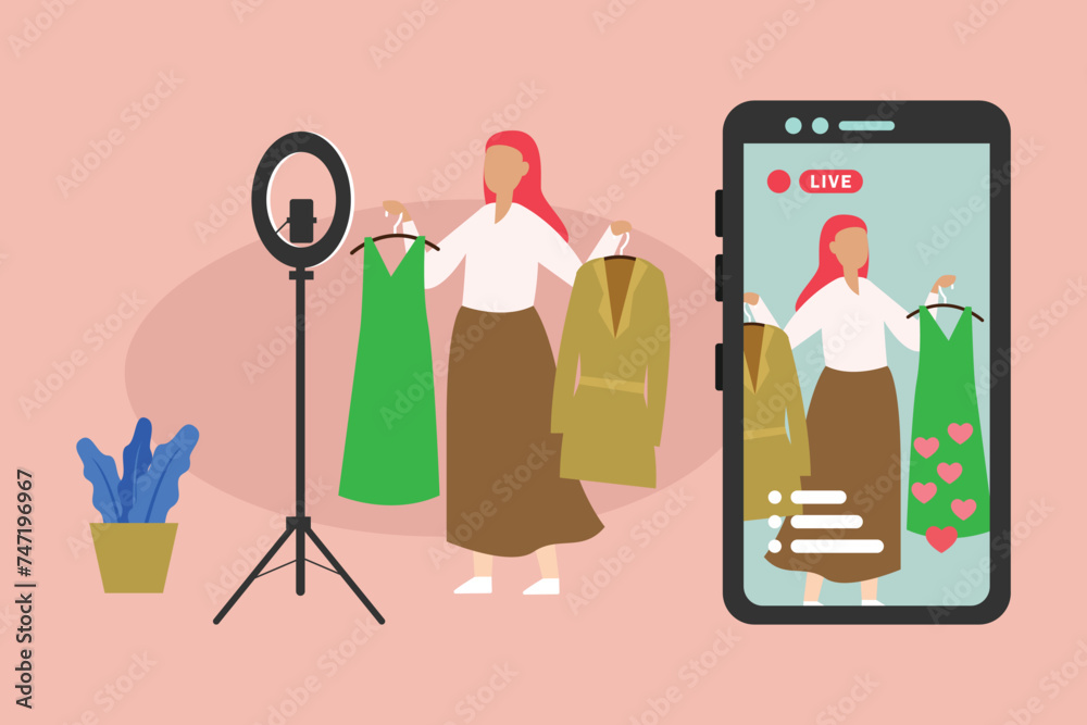 Woman uses live streaming to sell products vector cartoon illustration ...