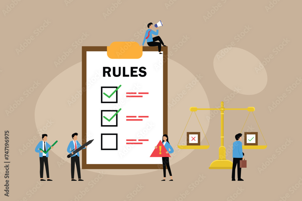 Business people studying list of rules, reading guidance, making checklist vector cartoon ...