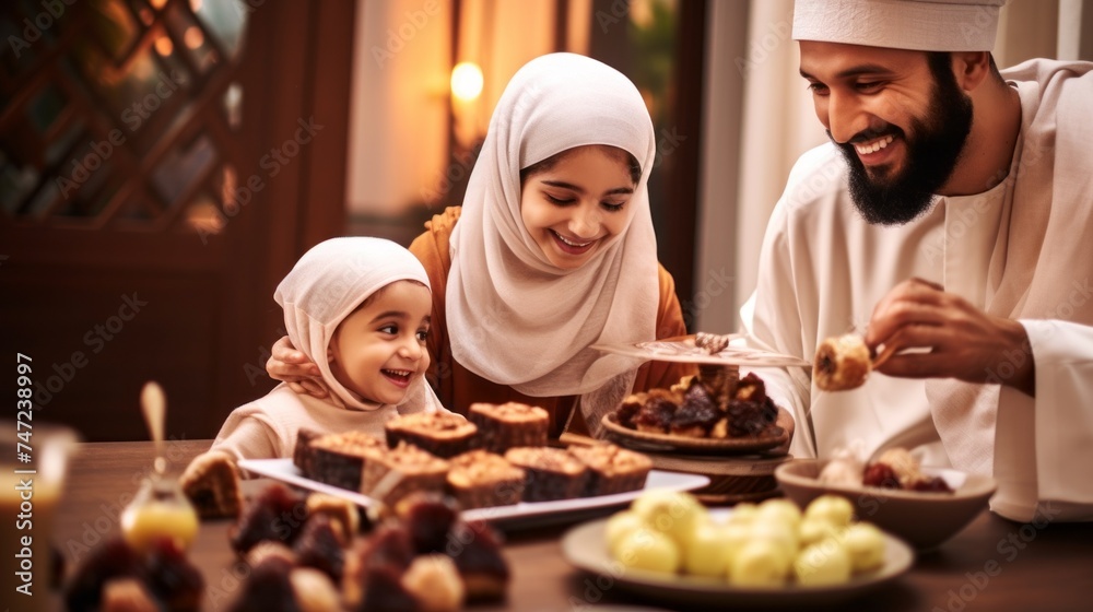 A happy Young Muslim family is having dinner at home at a festive table ...