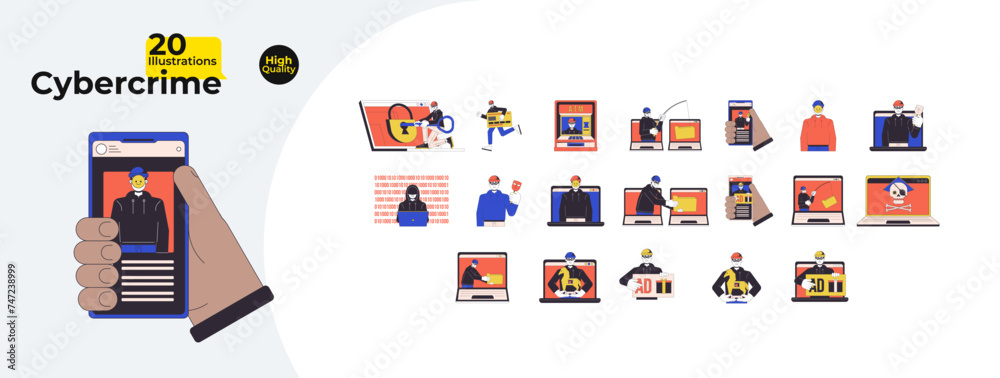 Cybercrime 2D linear illustration concept bundle. Cyber fraud, hacker malware cartoon characters ...