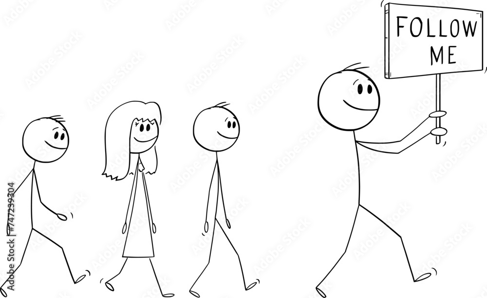 Leader Walking With Follow Me Sign, Vector Cartoon Stick Figure ...