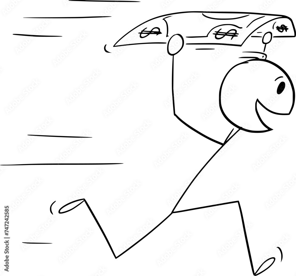 Person Running With Dollar Bill, Vector Cartoon Stick Figure ...