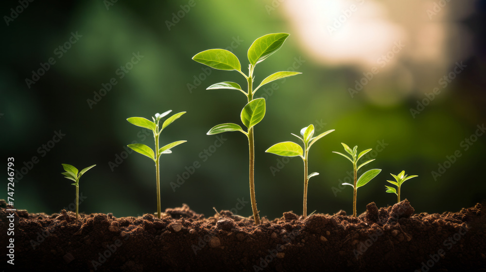 Stages of plant growth in soil. Five saplings at different growth ...
