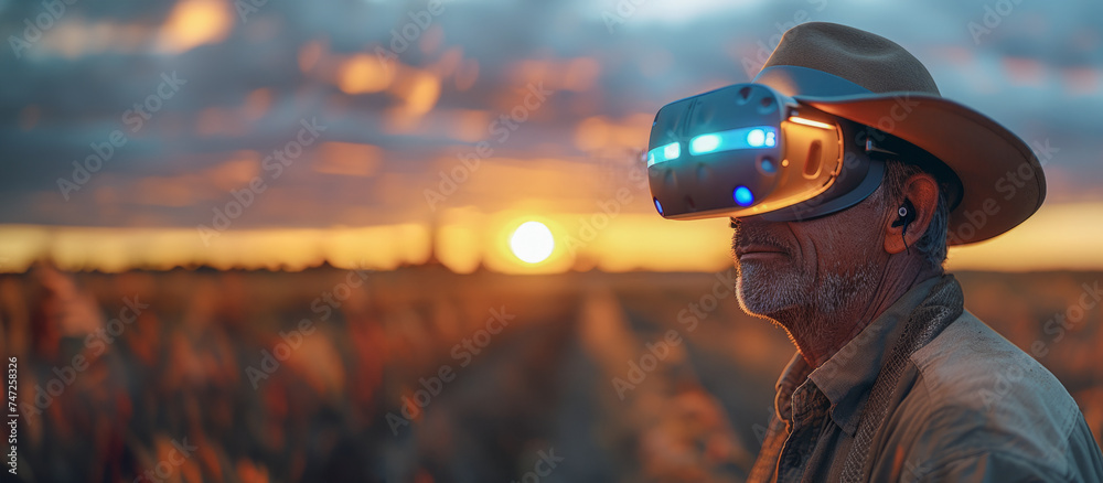 Farmer using virtual reality to design a farm layout, blending ...