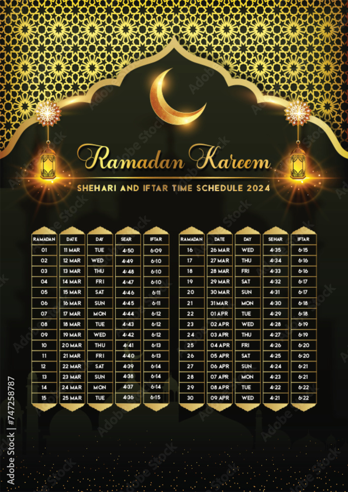 Ramadan Schedule for Iftar and Prayer time table Template design. Stock ...
