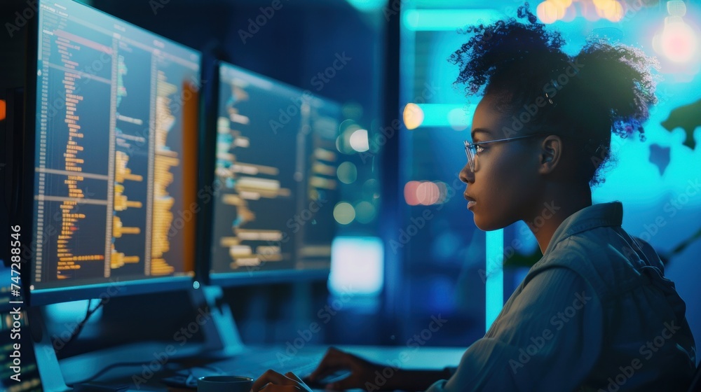 A dedicated programmer working in a vibrant tech hub with multiple ...