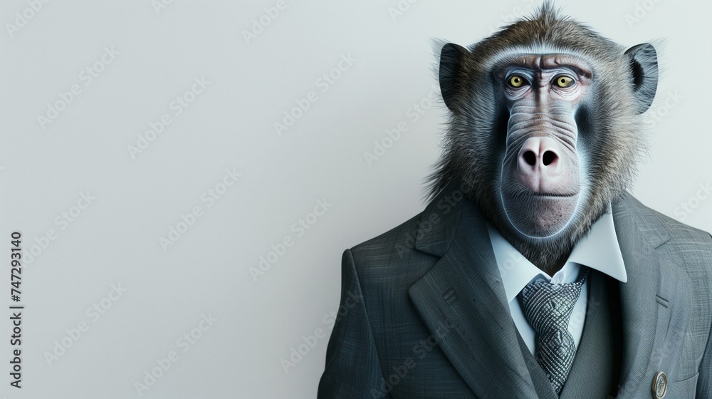 a baboon wearing a suit with a tie on a plain white background on the ...