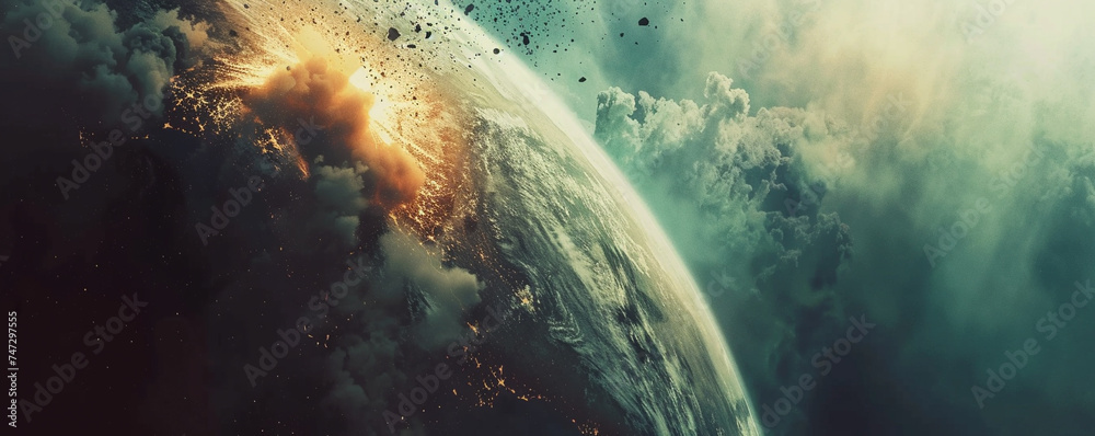 Digital simulation of a comets crash impact on Earth galaxy in view ...