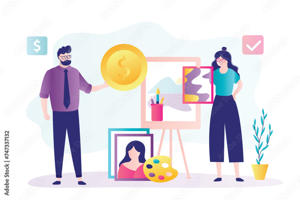 Stock-Vektorgrafik „Female artist with picture standing near easel ...