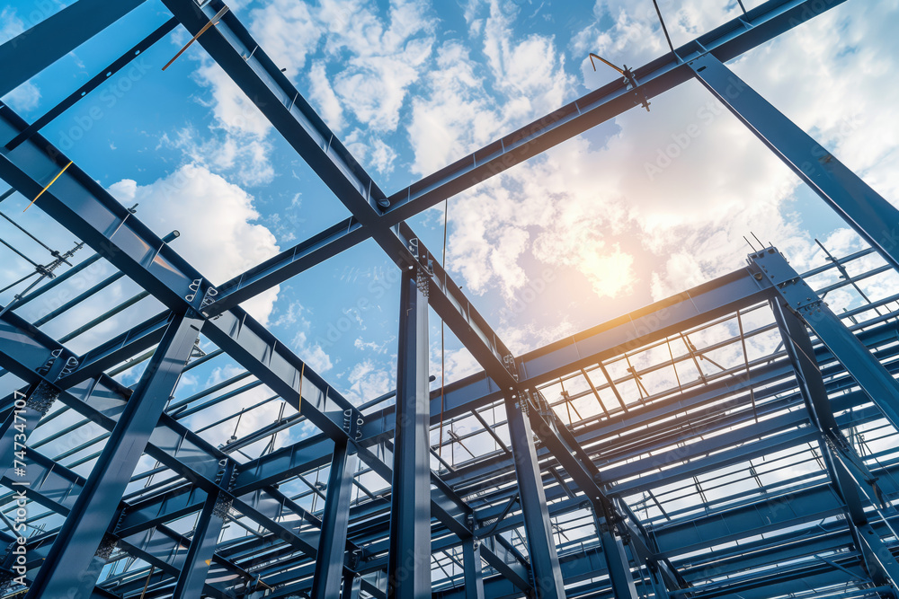 Steel Structure Framework Against Sky. Upward view of a steel structure ...