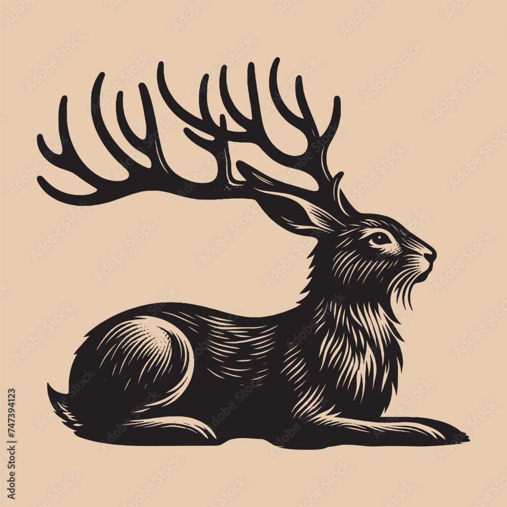 Mythical hare with deer antlers. Old vintage engraving illustration ...