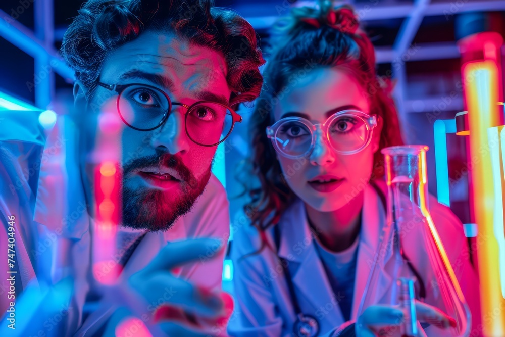 Two Scientists With Curious Expressions Conducting Research in a Neon ...