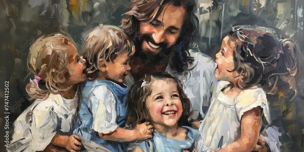 Artistic depiction of Jesus Christ with a group of young happy children ...