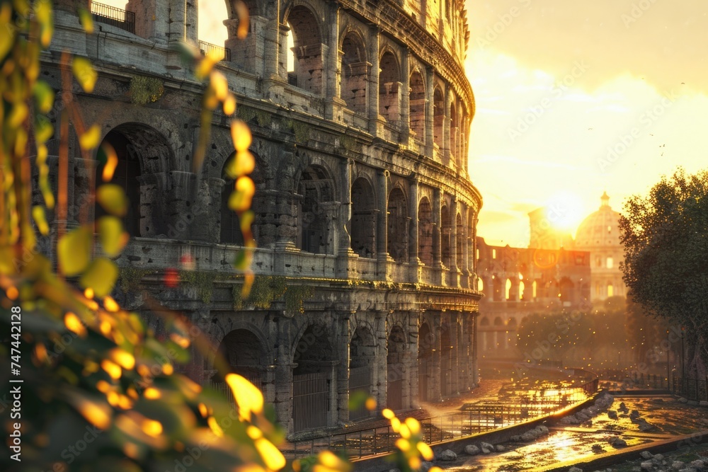 Iconic Roman Colosseum with sun setting in the background. Perfect for ...