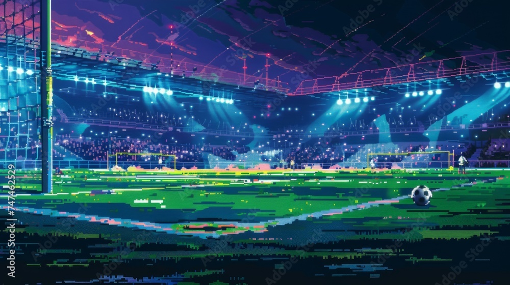 Dynamic 8-bit pixel art of a soccer match taking place in a brightly ...
