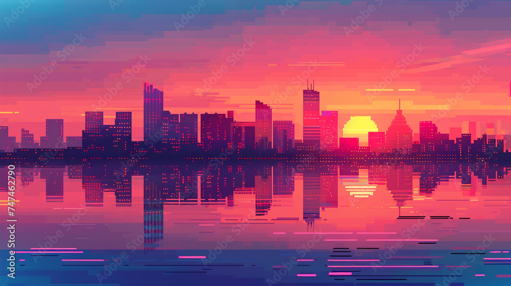 Pixel art illustration of a city skyline and sunset, with a retro 80s ...