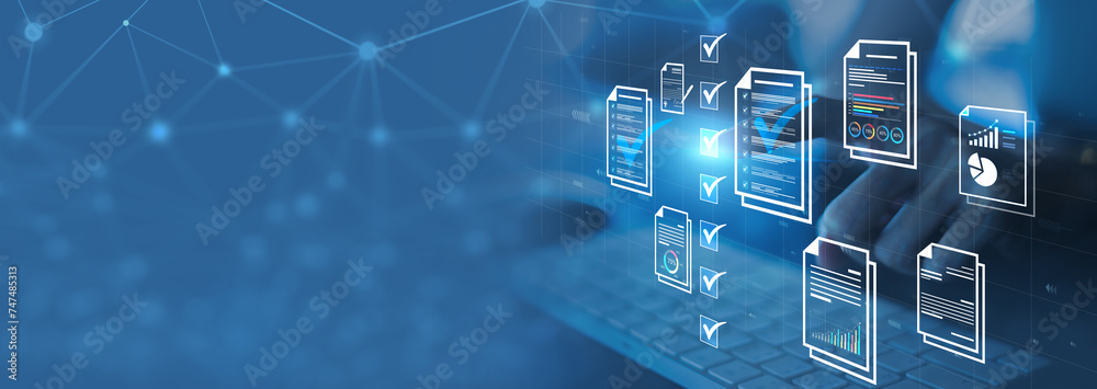 Document management concept, check electronic documents on digital ...