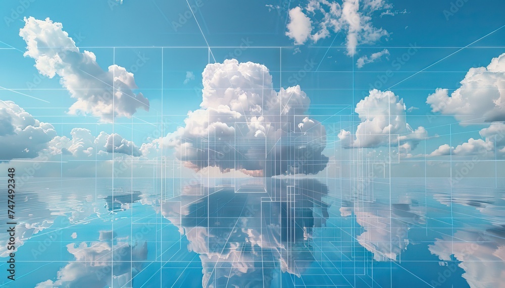 computing cloud as seen from behind, grid-based, sky-blue , flat shapes ...