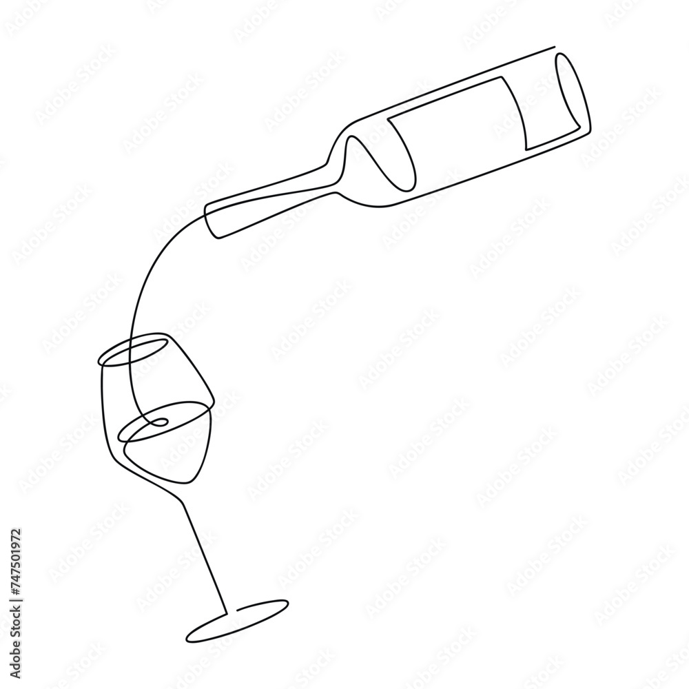 Pouring wine bottle glass one line continuous drawing. Hand drawn vector illustration. Linear ...