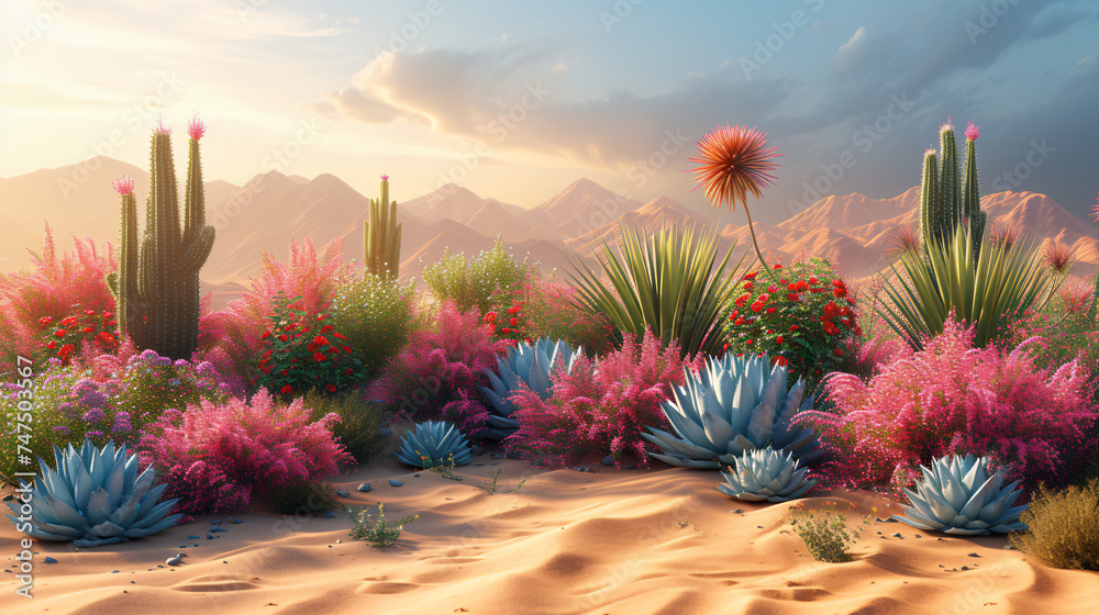 desert background in sand with different types of plants, in the style ...