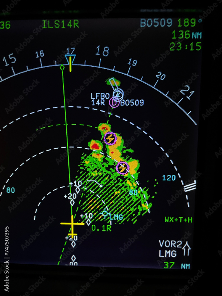 Weather radar returns of rain and storm on the navigation display of a ...