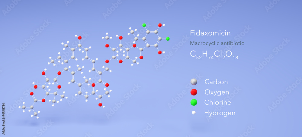 fidaxomicin molecule, molecular structures, macrocyclic antibiotic, 3d ...
