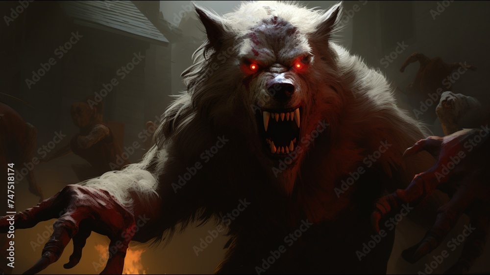 Werewolf Snarling Evil Red Eyes Large Fangs Attacking Monster Entity ...