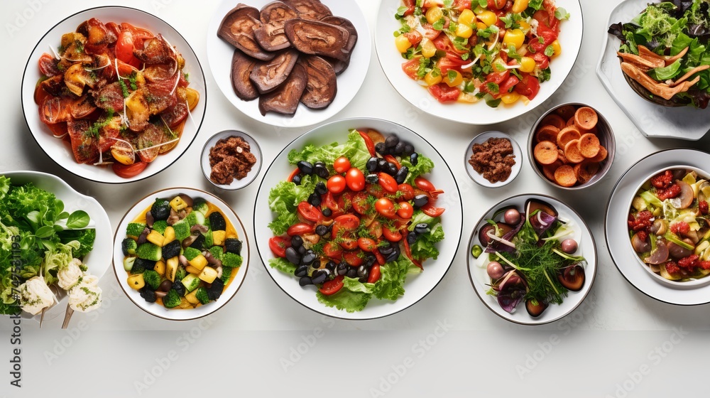 Warm salads frame on white wood flat lay. Top view on restaurant table ...