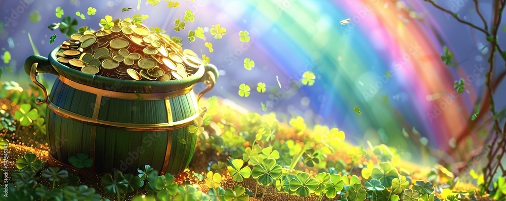 Leprechauns bounty, Pot of gold, rainbow backdrop a magical St ...