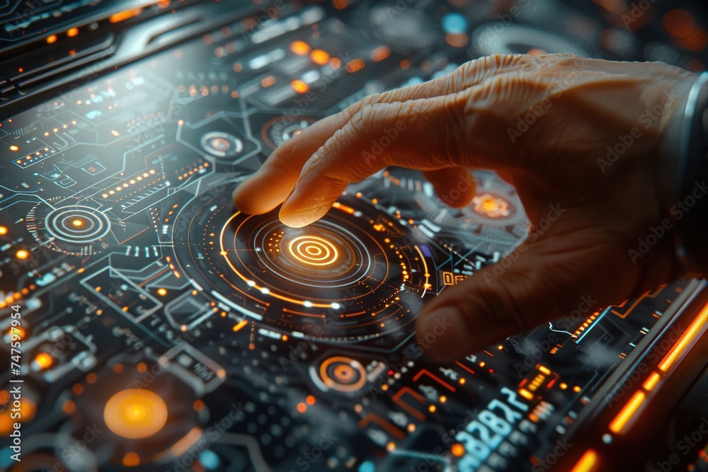 Person's hand using a futuristic touchscreen interface, touchscreen ...