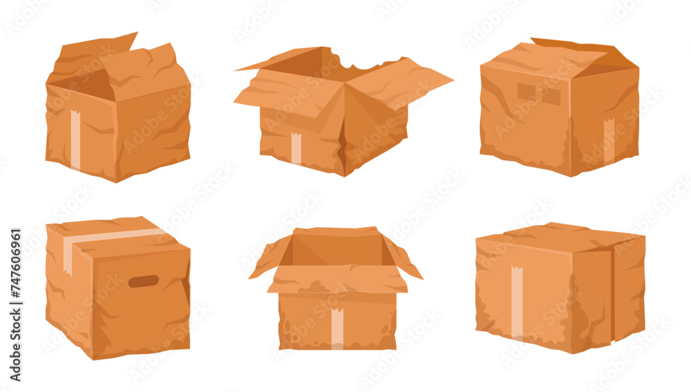 Damaged cardboard boxes. Crumpled, damaged delivery box, broken and wet ...
