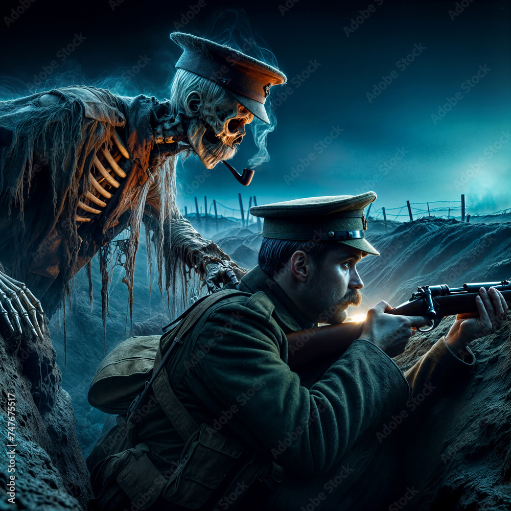 The ghostly form of a skeletal WW1 soldier places a comforting hand on ...