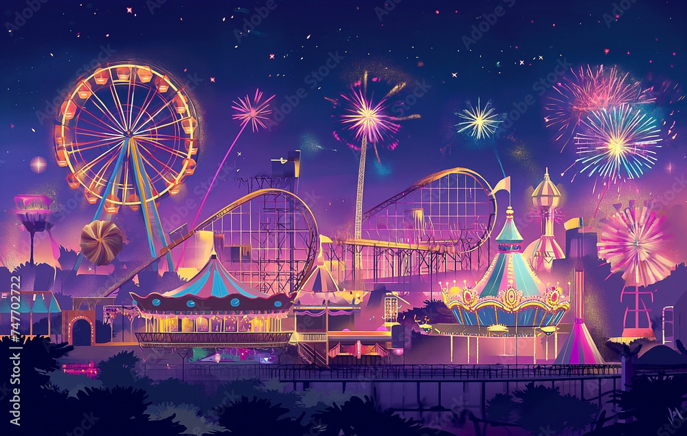 Amusement park circus carnival festival fun fair with fireworks ...