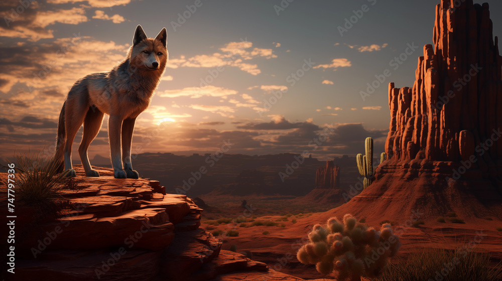 Wild Wolf , Cayote on Stone podium on the background of Arizona Desert ...