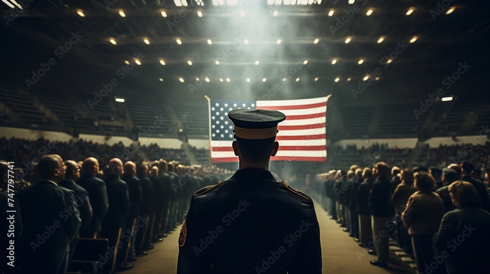 Overview of a military ceremony with the American flag held by ...