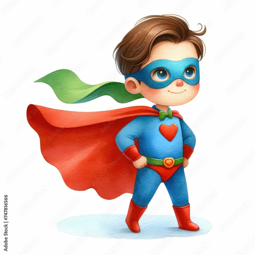 Superhero kid with cape and mass, ready for action. watercolor ...
