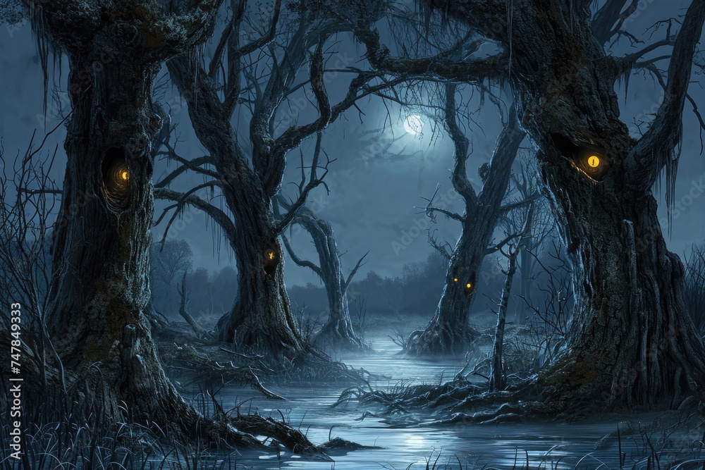 A painting depicting a dark swamp illuminated by the eerie glow of eyes ...