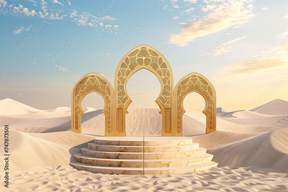 islamic display podium with mosque gate background in the sand dunes ...