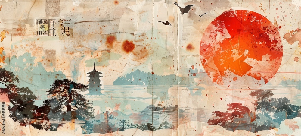Stock-Illustration „Abstract Japanese art collage. The piece combines ...