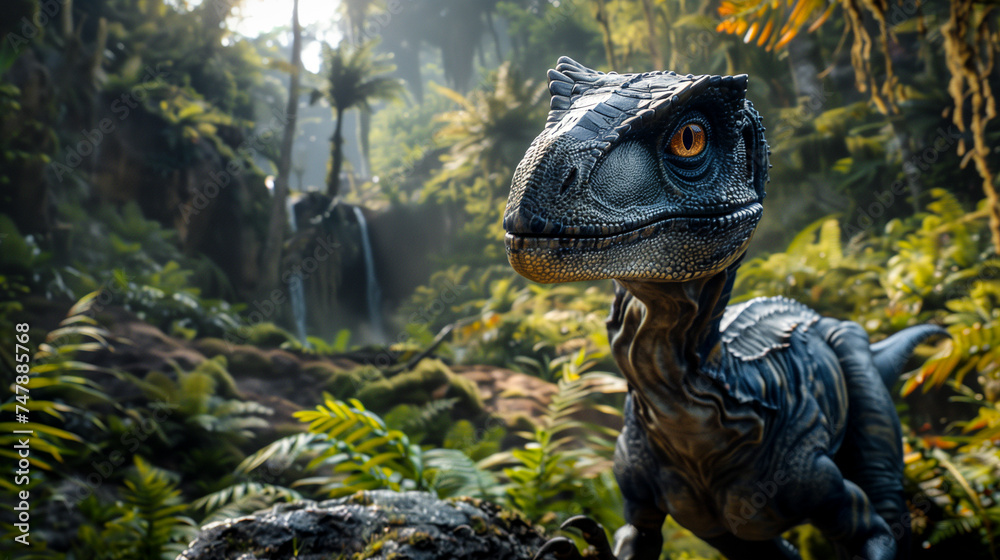 velociraptor dinosaur on a lush and verdant woods in the Cretaceous ...