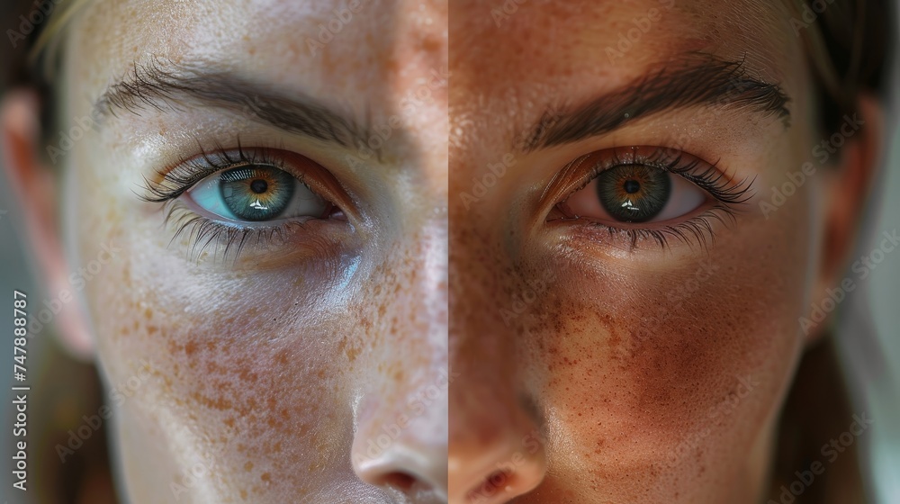 An example of skin tanned on half of the face. Before and after tan ...