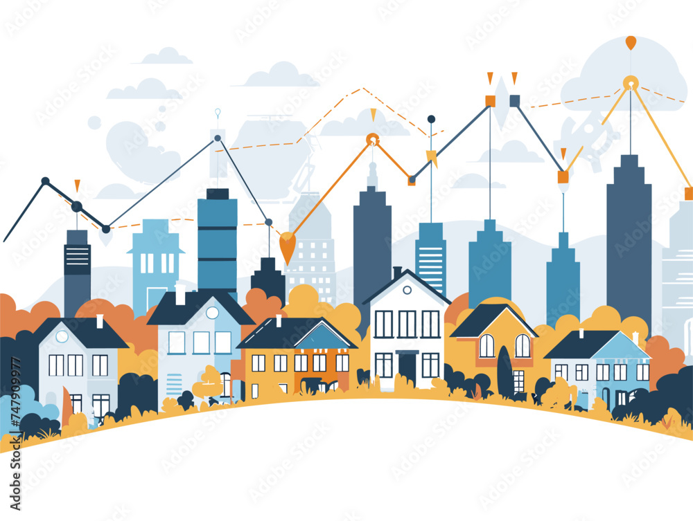 An urban cityscape filled with diverse buildings and houses, including ...