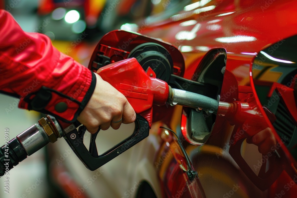 Hand female Refill and filling Oil Gas Fuel at station. Gun petrol in ...