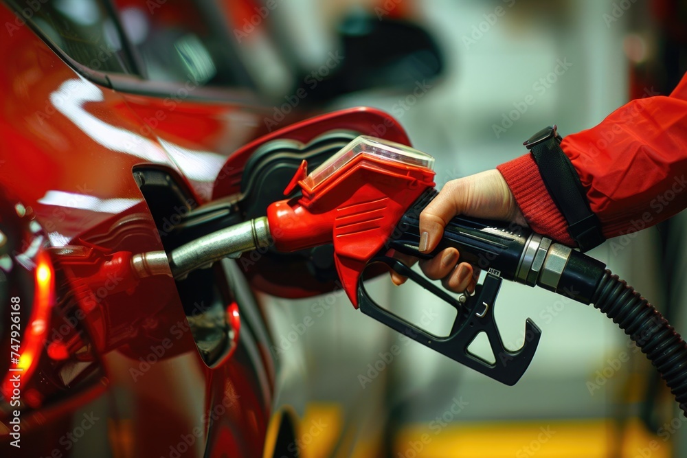 Hand female Refill and filling Oil Gas Fuel at station. Gun petrol in ...