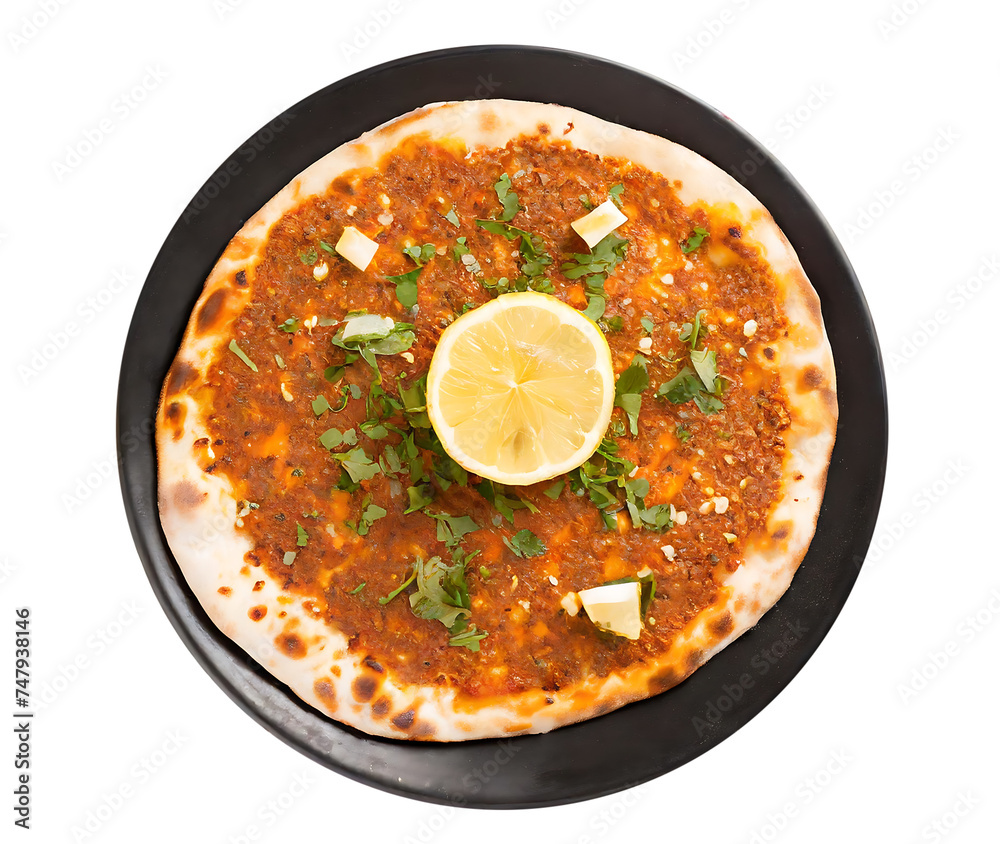 Turkish Lahmacun kebab in black plate. Top view. Isolated on ...